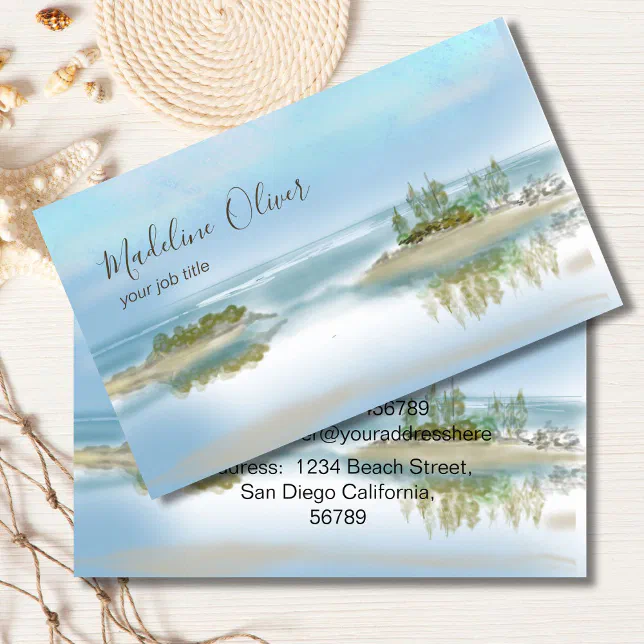Coastal Ocean Beach Blue Watercolor Professional Business Card | Zazzle