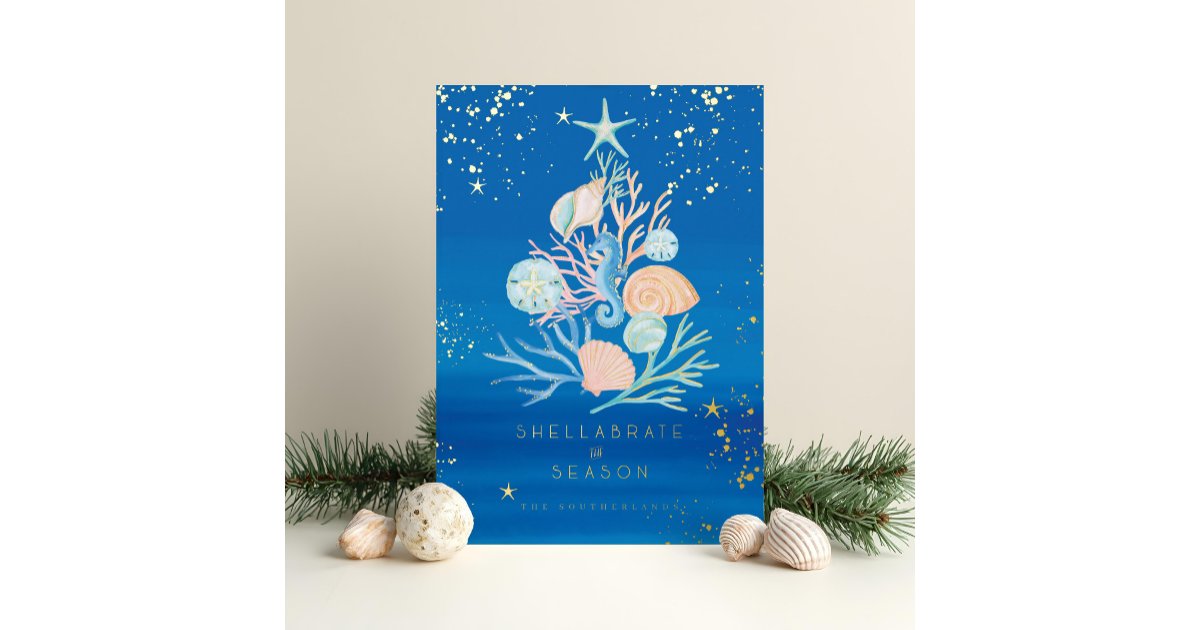 Coastal Ocean Beach Seashell Christmas Tree Foil Holiday Card | Zazzle
