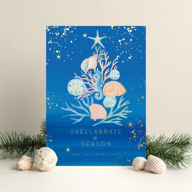 Coastal Ocean Beach Seashell Christmas Tree Foil Holiday Card | Zazzle