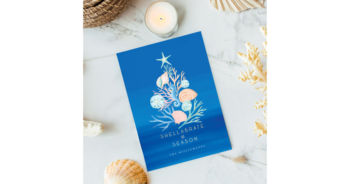 Coastal Ocean Beach Seashell Christmas Tree Holiday Card | Zazzle