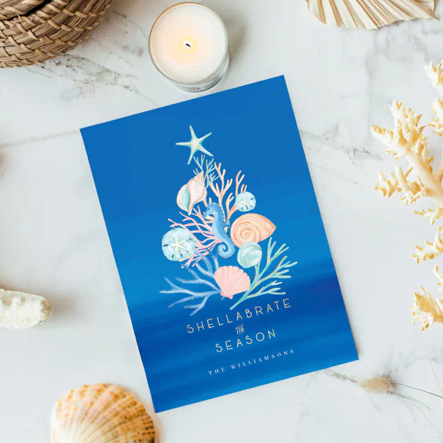 Coastal Ocean Beach Seashell Christmas Tree Holiday Card | Zazzle