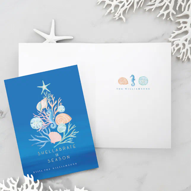 Coastal Ocean Beach Seashell Christmas Tree Holiday Card | Zazzle