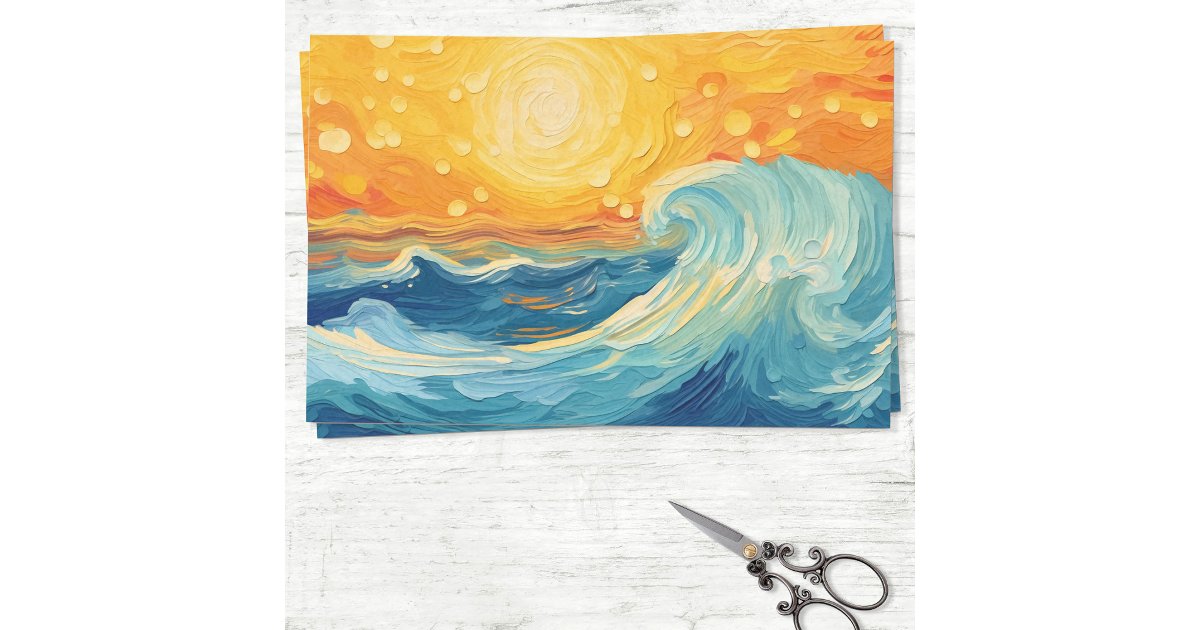 Coastal Oil Painting Sun and Waves Decoupage Tissue Paper | Zazzle