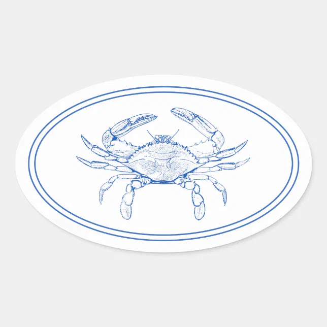 Coastal Preppy Blue and White Crab Oval Sticker | Zazzle
