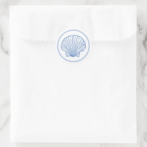 Coastal Preppy Blue and White Scallop Shell Classic Round Sticker | Zazzle