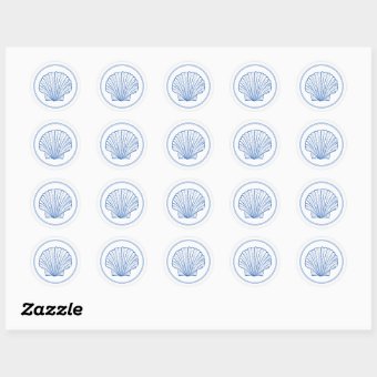 Coastal Preppy Blue and White Scallop Shell Classic Round Sticker | Zazzle