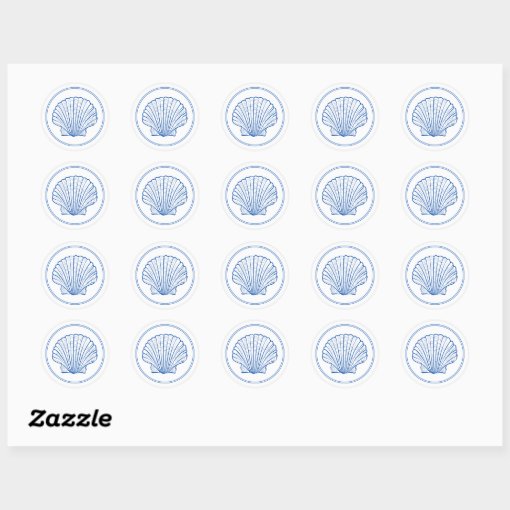 Coastal Preppy Blue and White Scallop Shell Classic Round Sticker | Zazzle