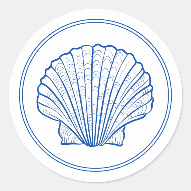 Coastal Preppy Blue and White Scallop Shell Classic Round Sticker | Zazzle