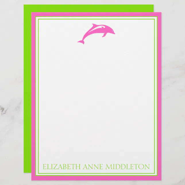 Coastal Preppy Pink and Green Dolphin Personalized Letterhead | Zazzle