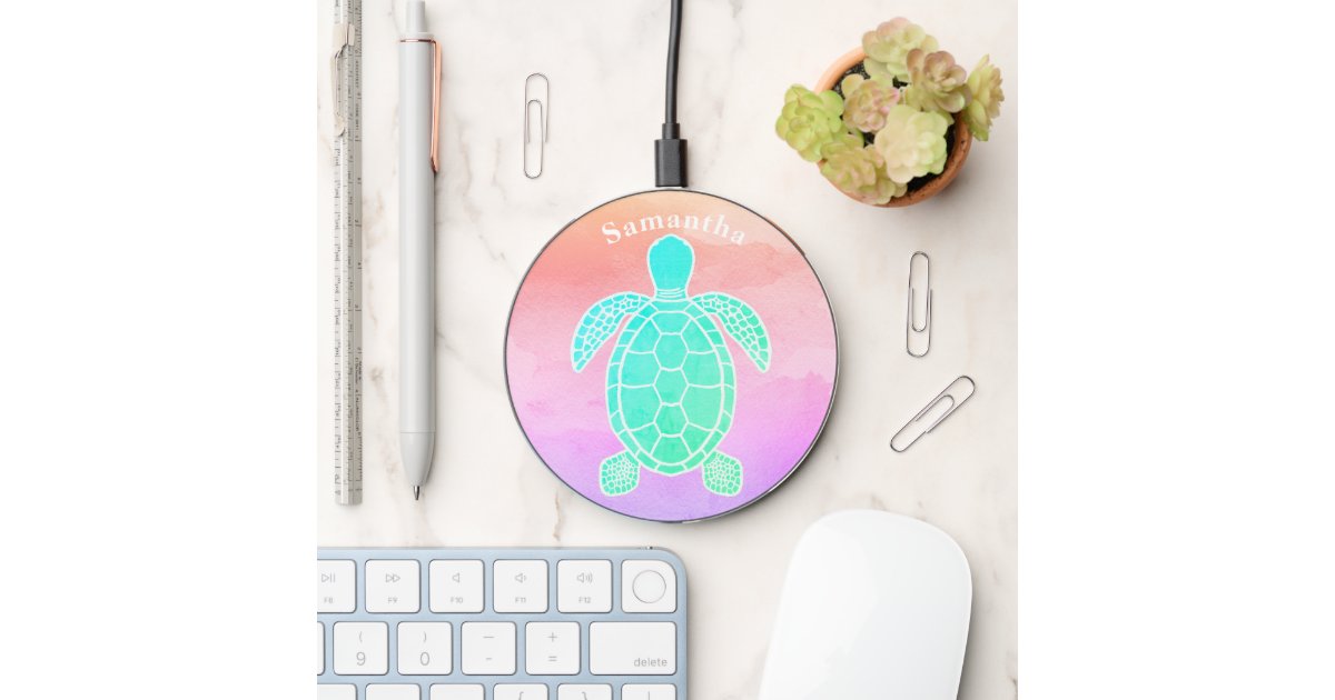 Coastal Rainbow Watercolor Ocean Sea Turtle Wireless Charger | Zazzle