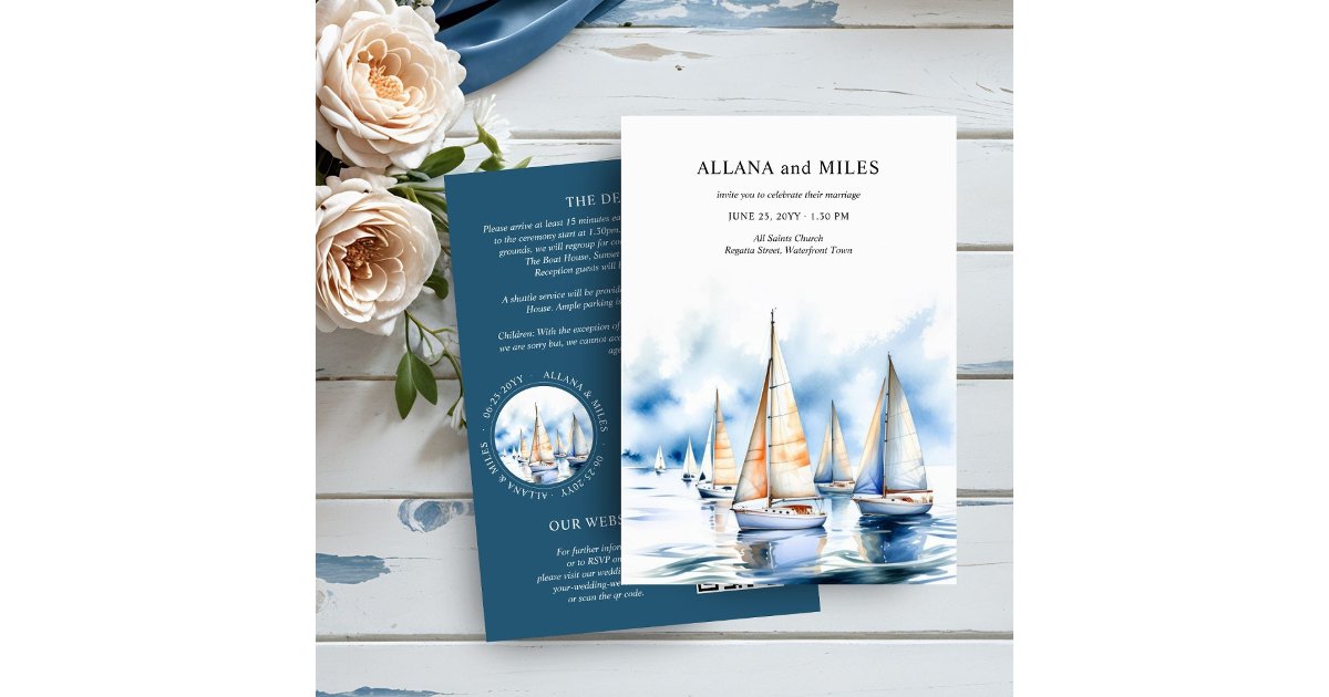 Coastal Sailboat Wedding Details and QR code Invitation | Zazzle
