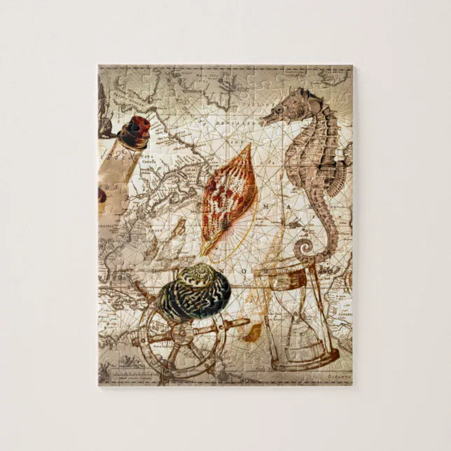 Coastal seahorse seashell Nautical Map Jigsaw Puzzle | Zazzle