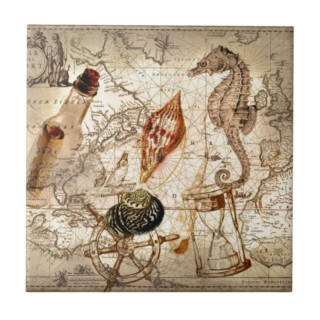 Coastal seahorse seashell Nautical Map Tile | Zazzle