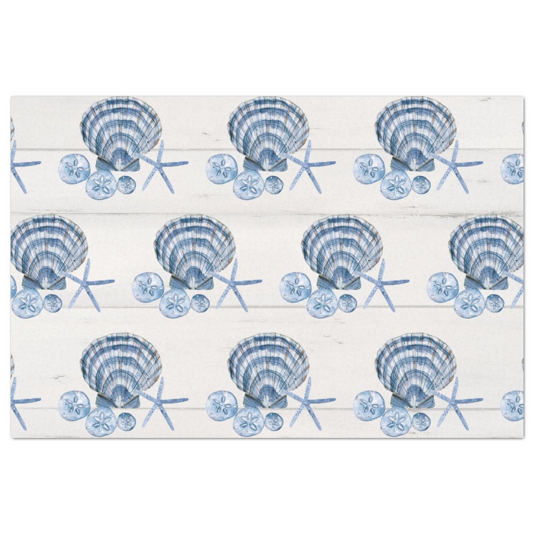 Coastal Starfish Beach Seashells Blue White Wood T Tissue Paper | Zazzle