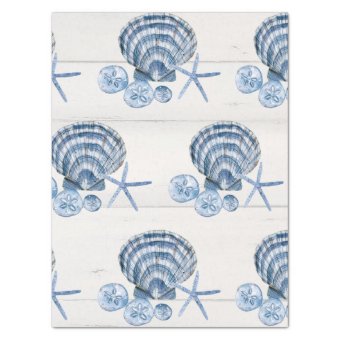 Coastal Starfish Beach Seashells Blue White Wood T Tissue Paper | Zazzle