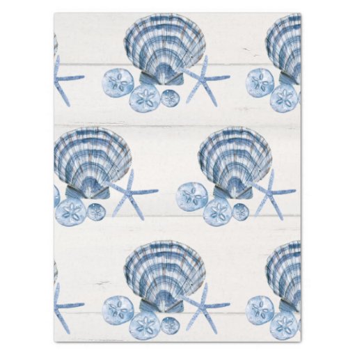 Coastal Starfish Beach Seashells Blue White Wood T Tissue Paper | Zazzle