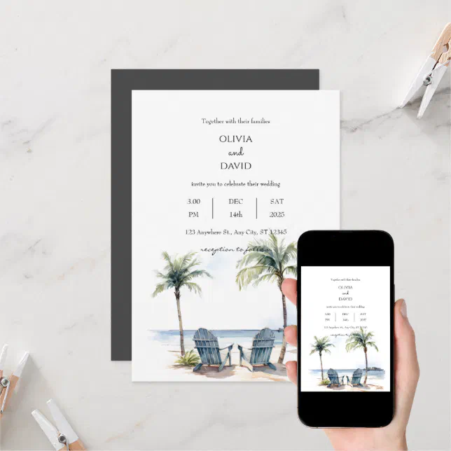 Coastal Tropical Palm Trees Beach Chairs wedding Invitation | Zazzle