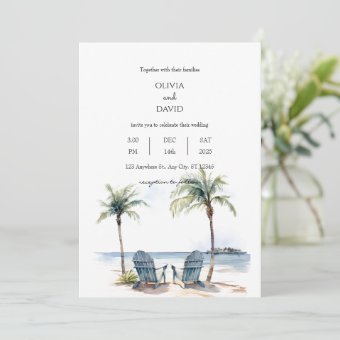 Coastal Tropical Palm Trees Beach Chairs wedding Invitation | Zazzle