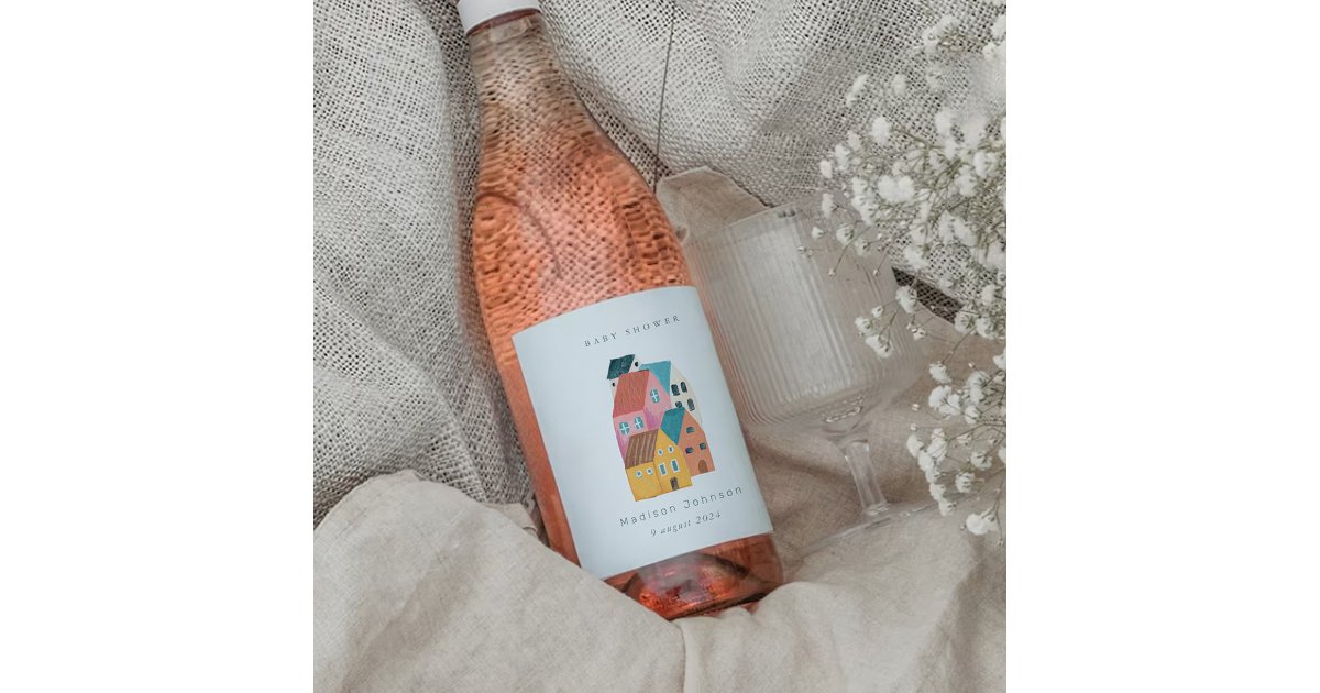 Coastal village baby shower party wine label | Zazzle