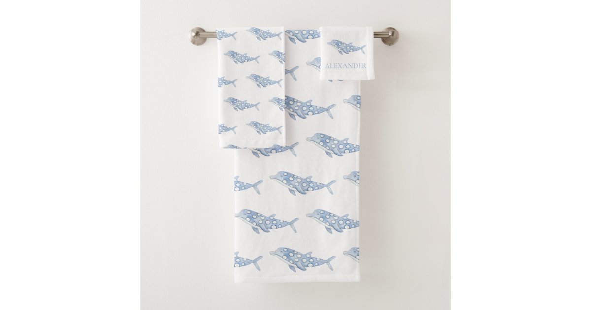 Coastal Watercolor Blue Polka Dot Dolphin Bath Towel Set | Zazzle