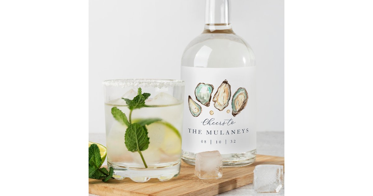 Coastal Watercolor Oyster Wedding Liquor Bottle Label | Zazzle