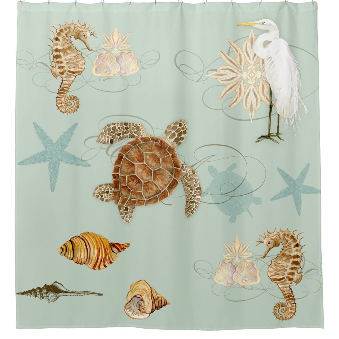 Coastal Waterways Egret Seahorse Sea Turtle Shells Shower Curtain | Zazzle