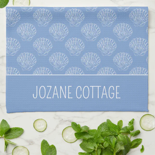 Coastal White Scallop Shells on Blue Personalized Kitchen Towel | Zazzle