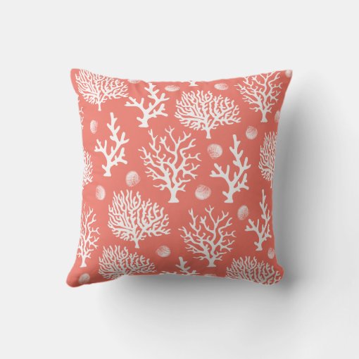 Coastal White Sea Corals & Seashells Coral Pink Throw Pillow | Zazzle