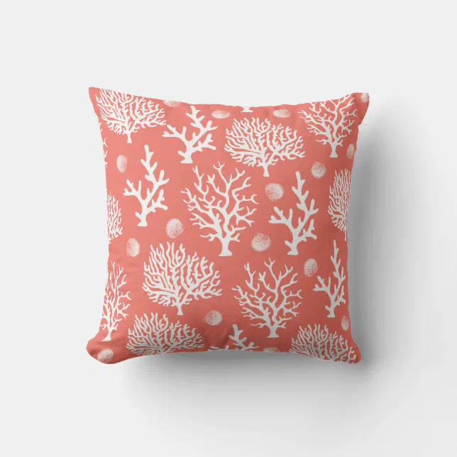 Coastal White Sea Corals & Seashells Coral Pink Throw Pillow | Zazzle