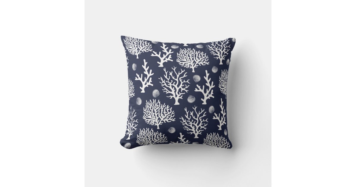 Coastal White Sea Corals & Seashells Navy Blue Throw Pillow | Zazzle