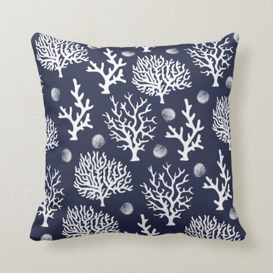 Coastal White Sea Corals & Seashells Navy Blue Throw Pillow | Zazzle.com