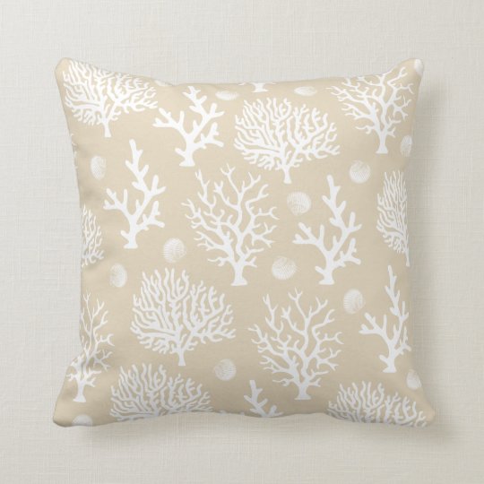 Coastal White Sea Corals & Seashells Taupe Throw Pillow | Zazzle.com