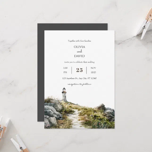 Coastal Wildflower Lighthouse Path Beach Wedding Invitation | Zazzle
