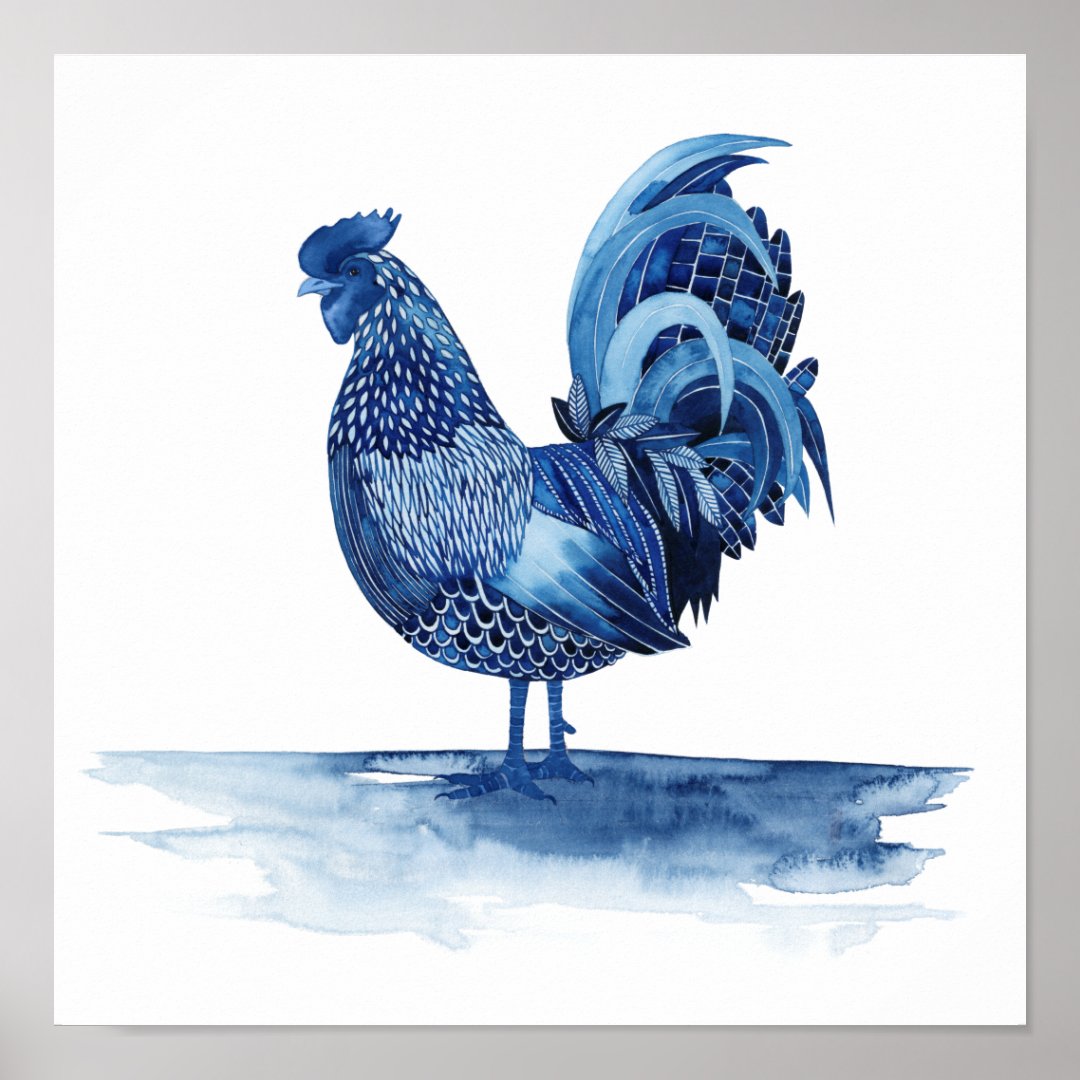 Cobalt Blue Farm Animals - Rooster Poster | Zazzle