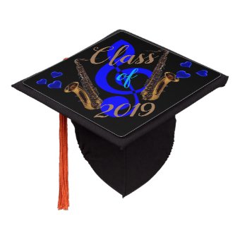 Cobalt Blue Music Symbol w/Sax's on Black on a Graduation Cap Topper ...