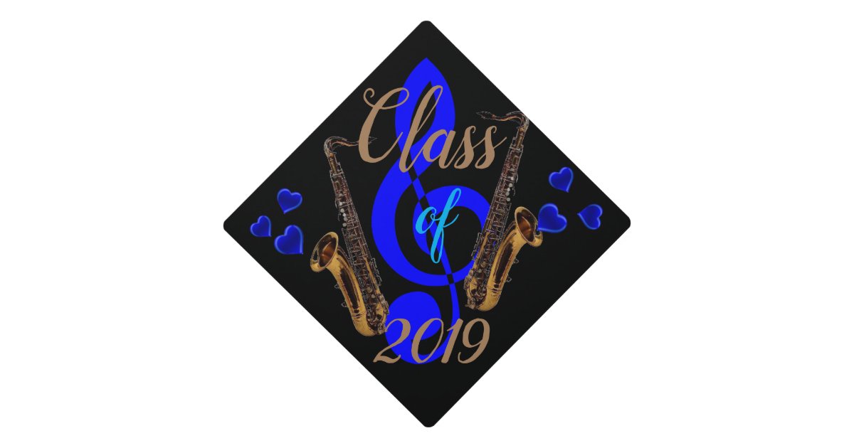 Cobalt Blue Music Symbol w/Sax's on Black on a Graduation Cap Topper ...
