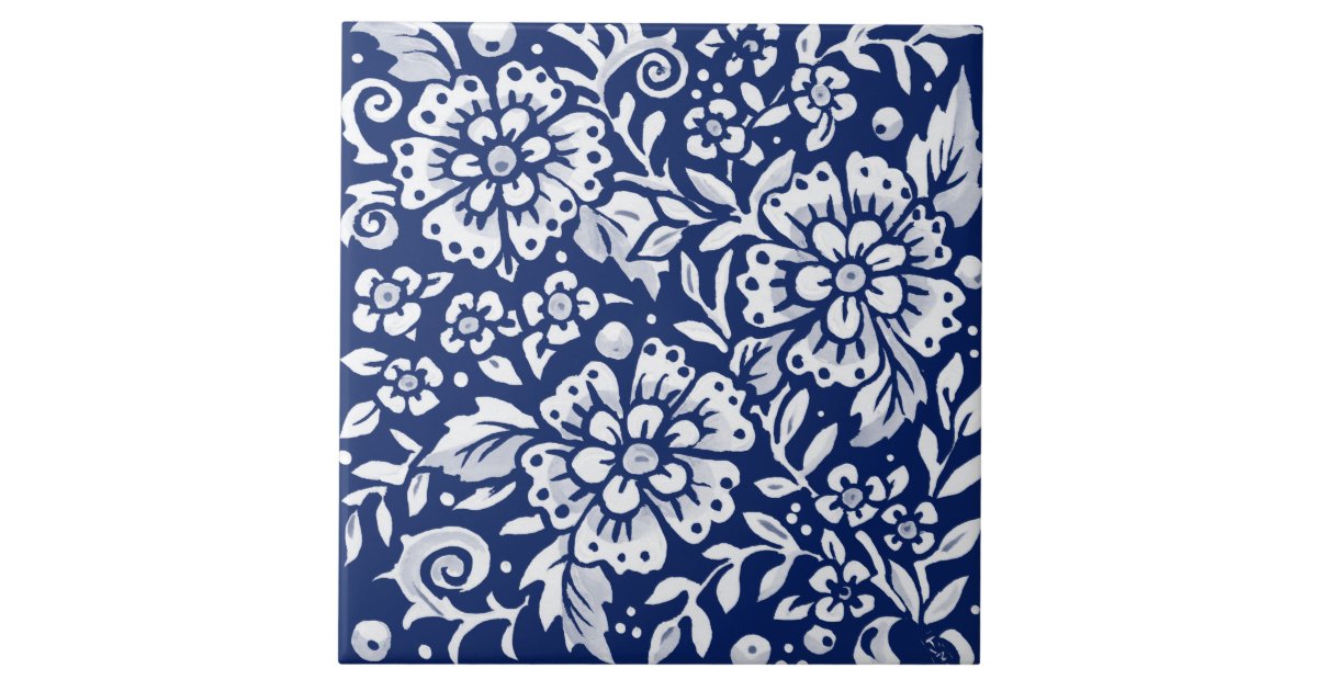 Cobalt Navy Blue Floral Flower Leaf Intricate Ceramic Tile | Zazzle