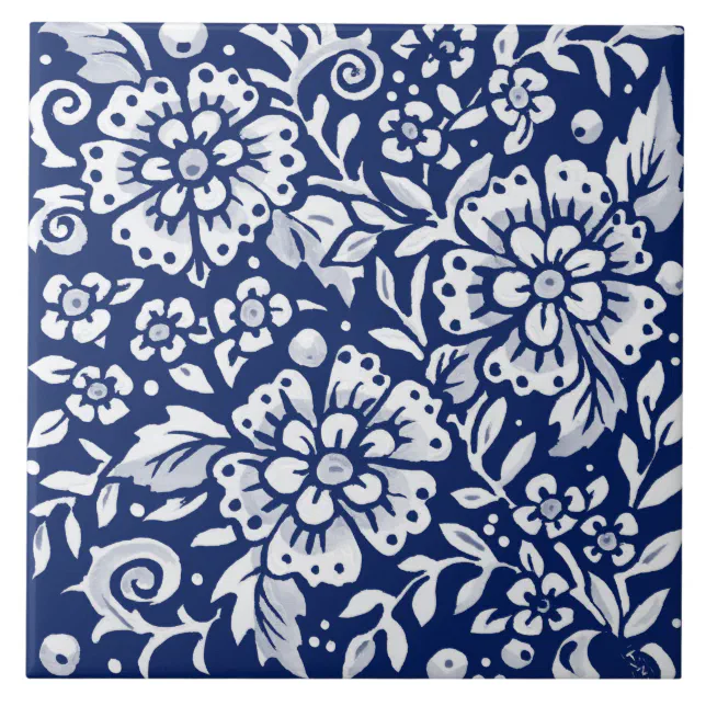 Cobalt Navy Blue Floral Flower Leaf Intricate Ceramic Tile | Zazzle