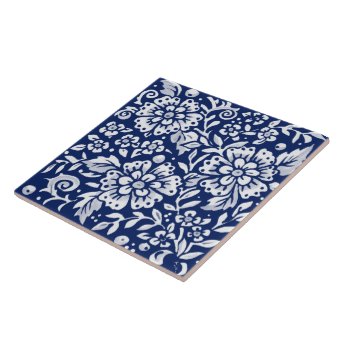 Cobalt Navy Blue Floral Flower Leaf Intricate Ceramic Tile | Zazzle