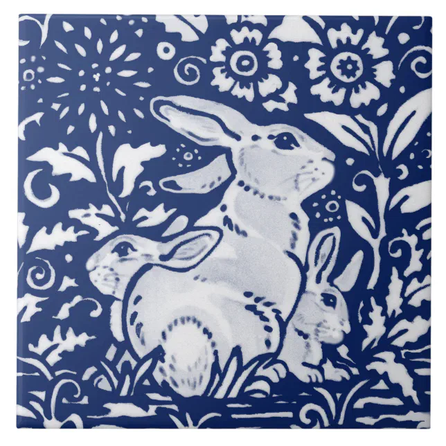 Cobalt Navy Blue Rabbit Bunny Dedham Delft Morris Ceramic Tile | Zazzle