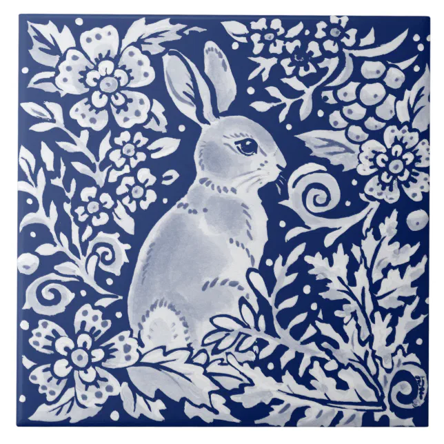 Cobalt Navy Blue Rabbit Woodland Delft Dedham Ceramic Tile | Zazzle