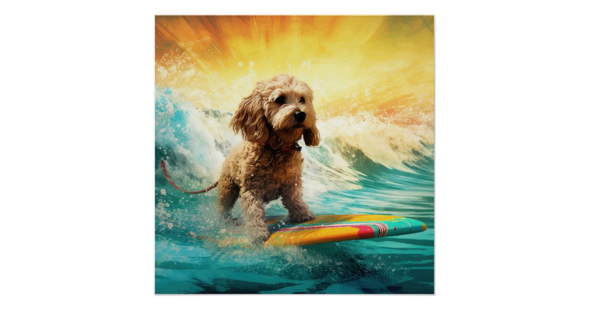 Cockapoo Beach Surfing Painting Poster | Zazzle