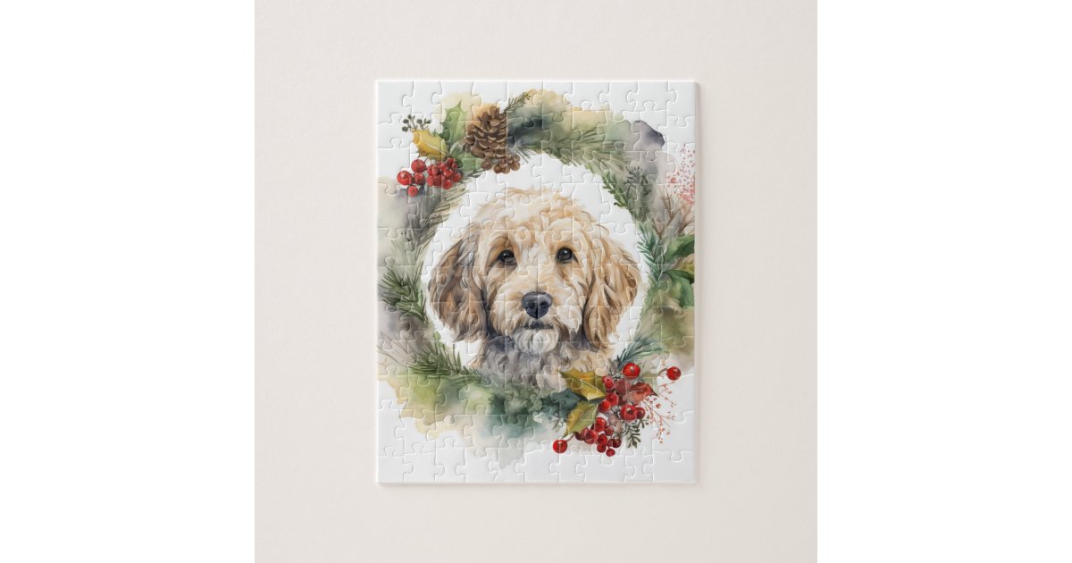 Cockapoo Christmas Wreath Festive Pup Jigsaw Puzzle | Zazzle