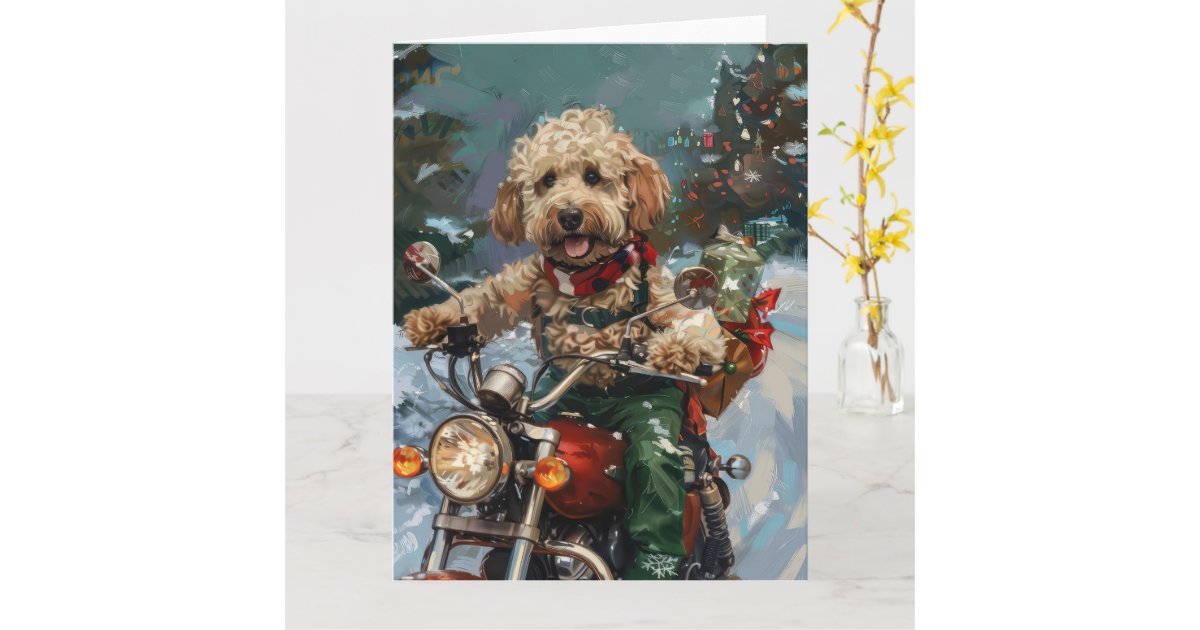 Cockapoo Dog Riding Motorcycle Christmas Card | Zazzle