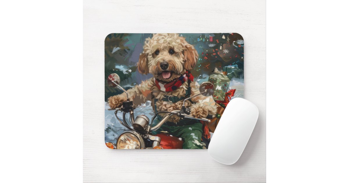 Cockapoo Dog Riding Motorcycle Christmas Mouse Pad | Zazzle