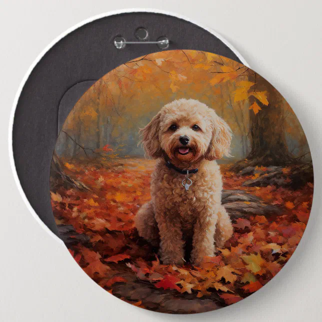 Cockapoo in Autumn Leaves Fall Inspire Button | Zazzle