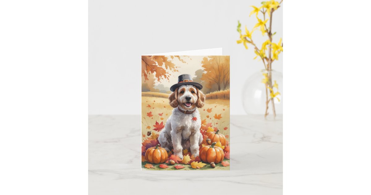Cockapoo In Autumn Leaves Thanksgiving Art Card | Zazzle