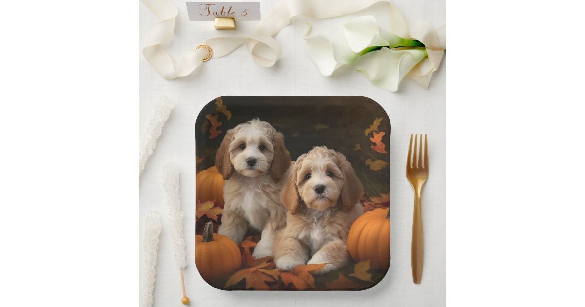 Cockapoo Puppy Autumn Delight Pumpkin Paper Plates | Zazzle