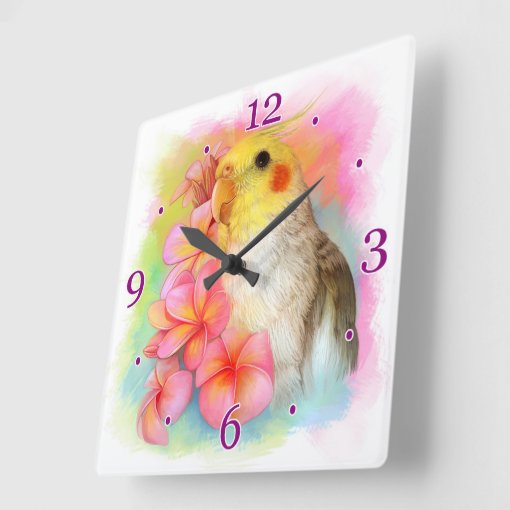 Cockatiel with frangipani square wall clock | Zazzle