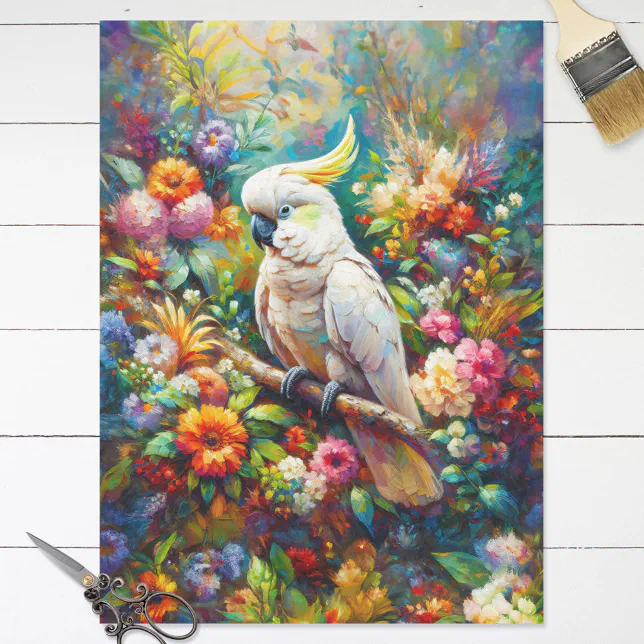 Cockatoo with Colorful Flowers Decoupage Tissue Paper | Zazzle